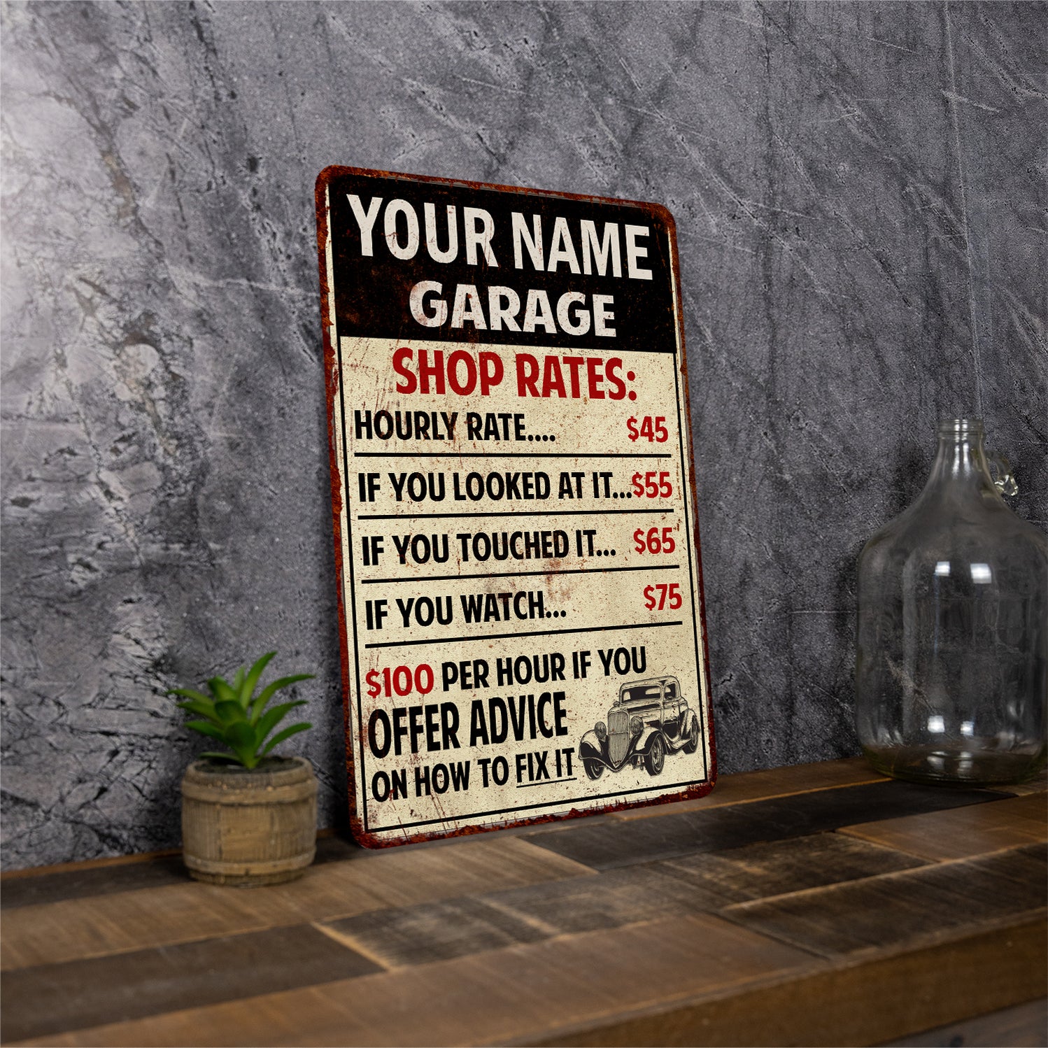 Personalized Garage Shop Rates Sign 108120010001 — Chico Creek Signs