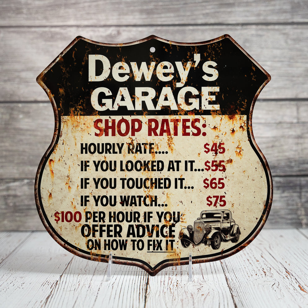 Personalized Garage Shop Rates Gift Shield Metal Sign 211110019001 ...
