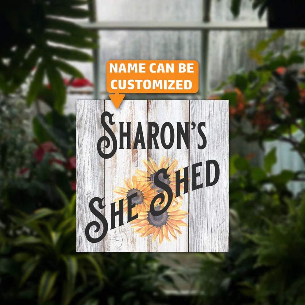 Personalized She Shed Sign with Sunflower Farmhouse Style White Wood S ...