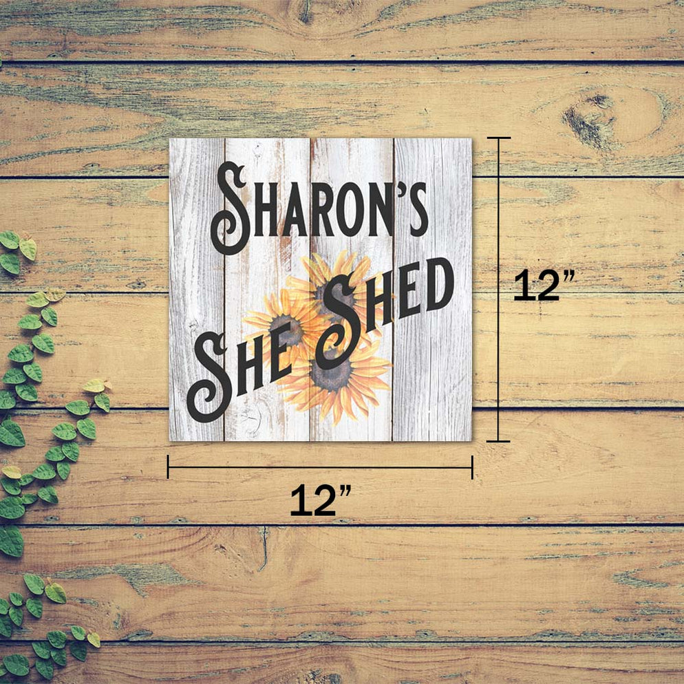 Personalized She Shed Sign with Sunflower Farmhouse Style White Wood S ...